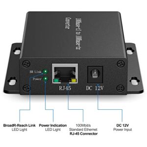 100BASE Ethernet Media Converter Device 2-wire Ethernet BroadR-Reach(100BASE-T1) to Fast Ethernet (100BASE-TX) Automotive IEEE 100BASE-T1 compliant with 100Mbit/s transmit