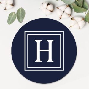 round label stickers 1.5" navy blue background white letter monogram alphabet initial h label stickers for laptop envelopes seals water bottle card box gift bags holiday party supplies,100 pcs