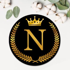 gold crown wreath monogram letter initial n round label sticker 1.5 inch diy labels stickers for family classroom home window new year decor wedding envelope stickers 100pcs holiday present