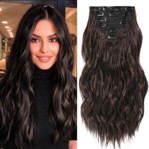 fliace clip in hair extensions, 6 pcs natural & soft hair & blends well hair extensions, dark brown long wavy hairpieces(20inch, 6pcs, dark brown)