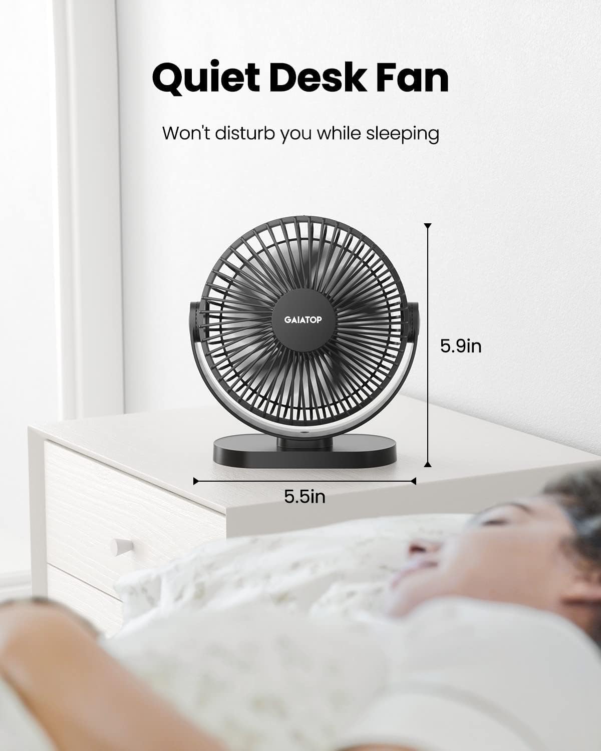 Gaiatop USB Desk Fan, 3 Speeds Powerful Portable Fan, 5.5 Inch Quiet Cooling Mini Fan, 90° Rotate Small Table Fan with 5ft Cable Personal Fan for Desktop Home Office Travel Black