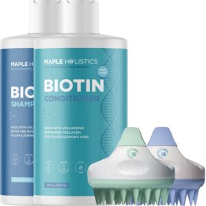 biotin shampoo and conditioner with scrubbers - hair shampoo brush and scalp exfoliators with volumizing shampoo and conditioner set made with rosemary essential oil and biotin for thinning hair 16oz