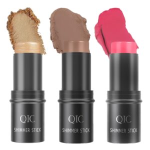 go ho 3pcs cool-tone contour highlight blush stick set,cream contour stick kit,long-wearing,natural-looking contouring face foundation makeup -shimmer highlighter,blush&bronzer shading contour