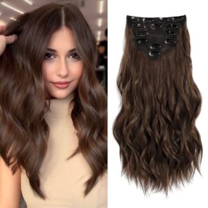 clip in hair extensions, 6 pcs light brown extensions, wavy hair extensions, natural & soft hair & blends well hair extensions, chocolate brown long wavy hairpieces(20inch, 6pcs, chocolate brown)