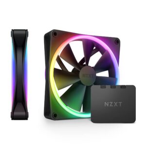 nzxt f140 rgb duo twin pack - 2 x 140mm dual-sided rgb fans with rgb controller – 20 individually addressable leds – balanced airflow and static pressure – fluid dynamic bearing – pwm – black