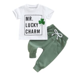 toddler baby boy st patricks day outfit mr lucky charm clover short sleeve t-shirts green pants summer clothes (green# mr lucky charm, 6-12 months)