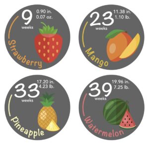 bump stickers - 40 weekly pregnancy tracking stickers – week 5 to 40 + 4 bonus stickers – pregnancy photo prop – fruit 3.93 inch