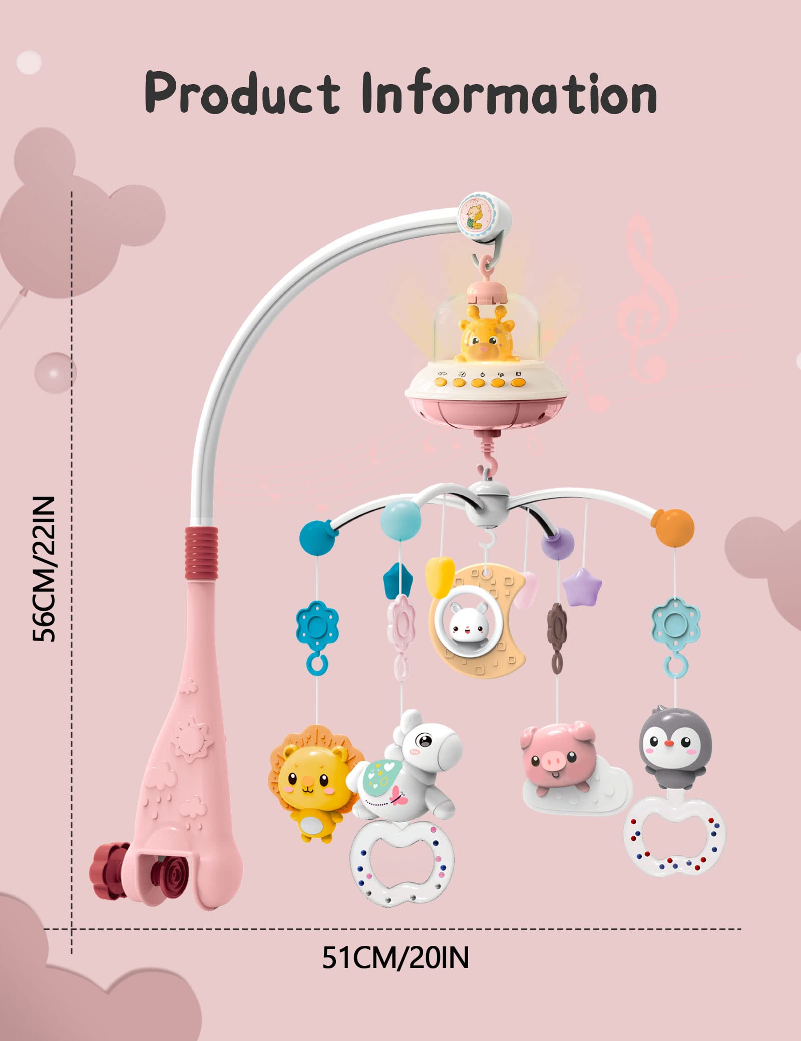 BSROLUNA Baby Crib Mobile with Music and Lights, Baby Mobile for Crib with Remote Control, Hanging Rotating Animals Rattles, 16 Songs and Timing Function, Cartoon Baby Crib Toys for Girls (BabyPink)