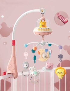 bsroluna baby crib mobile with music and lights, baby mobile for crib with remote control, hanging rotating animals rattles, 16 songs and timing function, cartoon baby crib toys for girls (babypink)