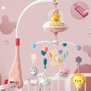 BSROLUNA Baby Crib Mobile with Music and Lights, Baby Mobile for Crib with Remote Control, Hanging Rotating Animals Rattles, 16 Songs and Timing Function, Cartoon Baby Crib Toys for Girls (BabyPink)