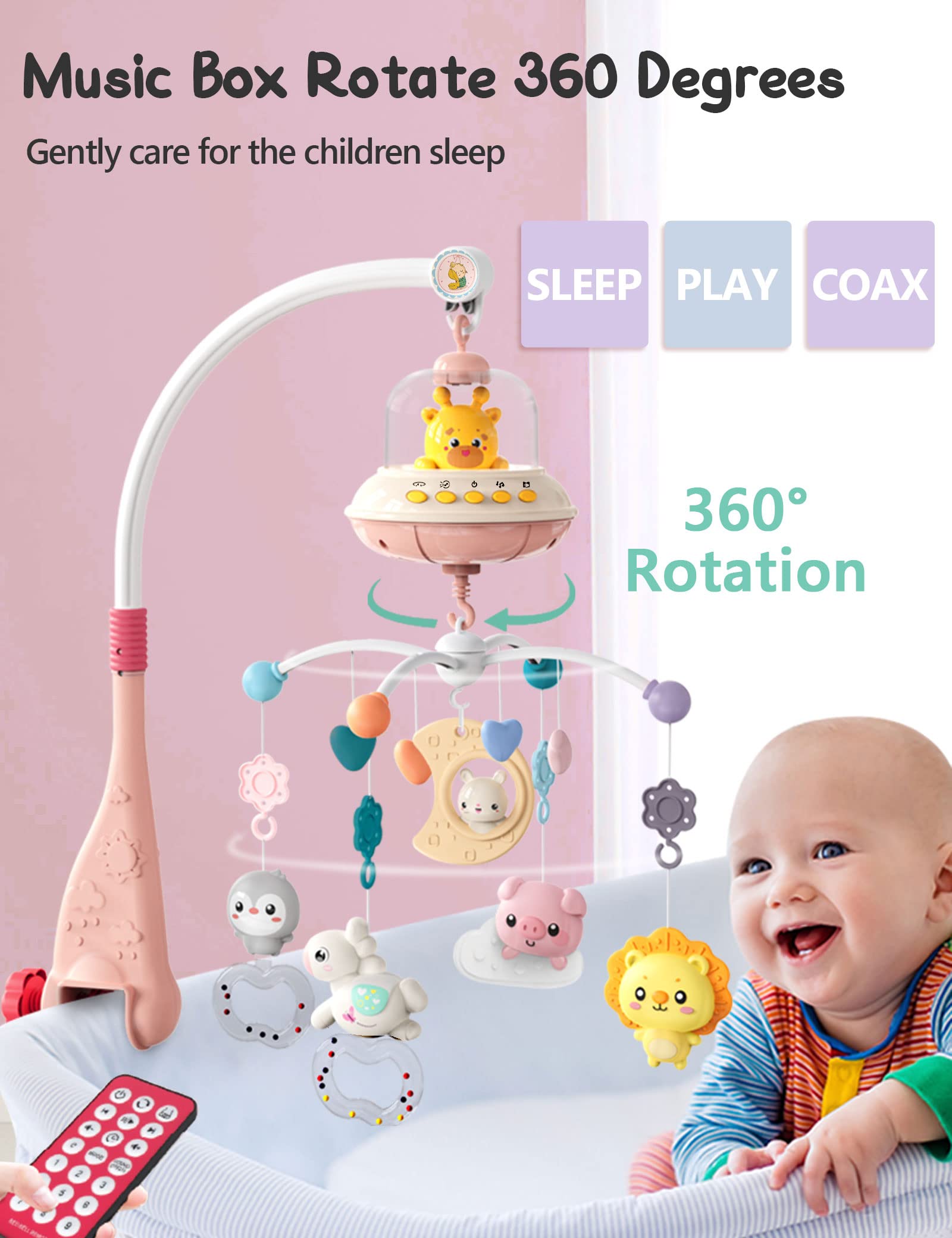 BSROLUNA Baby Crib Mobile with Music and Lights, Baby Mobile for Crib with Remote Control, Hanging Rotating Animals Rattles, 16 Songs and Timing Function, Cartoon Baby Crib Toys for Girls (BabyPink)