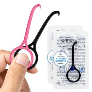 orthokey clear aligner removal tool for teeth — grabber remover tool for invisible removable braces & retainers — fits into a dental carrying or aligner case cleaner — small size, pink and black