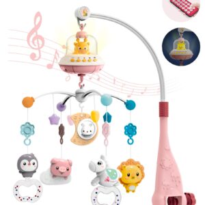 BSROLUNA Baby Crib Mobile with Music and Lights, Baby Mobile for Crib with Remote Control, Hanging Rotating Animals Rattles, 16 Songs and Timing Function, Cartoon Baby Crib Toys for Girls (BabyPink)