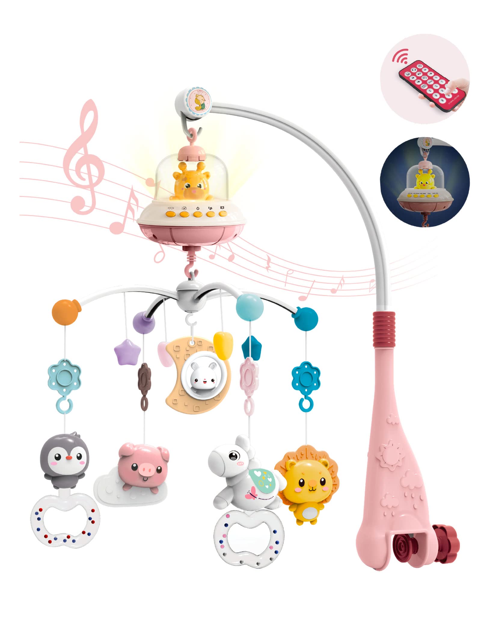 BSROLUNA Baby Crib Mobile with Music and Lights, Baby Mobile for Crib with Remote Control, Hanging Rotating Animals Rattles, 16 Songs and Timing Function, Cartoon Baby Crib Toys for Girls (BabyPink)