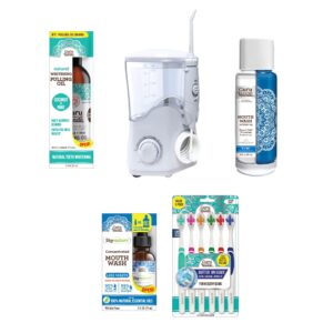 gurunanda better gums regimen 2.0 with cocomint pulling oil, butter on gums toothbrush, table top water flosser, concentrated mouthwash & dual barrel mouthwash - 5 count