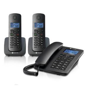 motorola voice c42 corded phone system + 2 digital cordless handsets w/answering machine, call block - black (c4202)