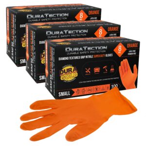 dura-gold duratection 8 mil orange super duty diamond textured nitrile disposable gloves, 3 boxes of 100, x-large - latex free, powder free, food safe, safety protection work gloves, industrial