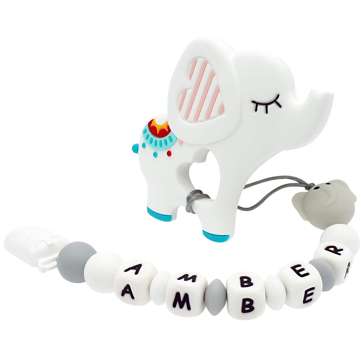 Panny & Mody Personalized Car Seat and Stroller Toys with Name, Customized Stroller Toy Clip with Name - Cute Elephant(White)