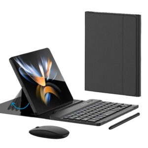 voppton for samsung galaxy z fold 6 5 4 keyboard and mouse, portable magnetic bluetooth keyboard with leather case and capacitive pen, wireless keyboard case for z fold 6 accessories,black