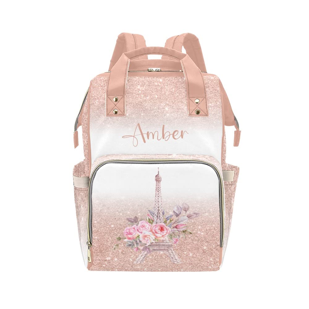 Eiffel Tower Pink Flower Diaper Bags Backpack with Name Personalized Baby Bag Travel Tote Bag Gifts for Mom Girl