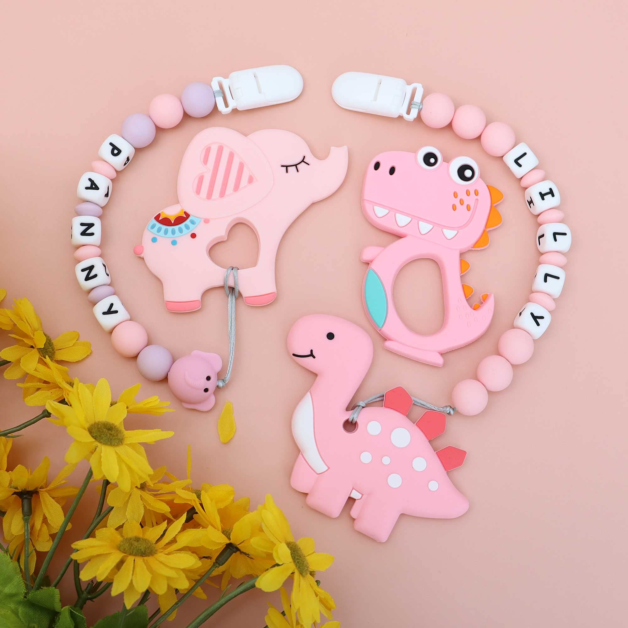 Panny & Mody Personalized Car Seat and Stroller Toys with Name, Customized Stroller Toy Clip with Name - Cute Elephant(White)