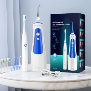 Rechargable Water Dental Flosser with Electric Toothbrush Combo for Teeth Cleaning, Oral Irrigator with 6 Flossing Modes & 5 Jet Tips, Electric Toothbrush with 3 Brushing Modes & 4 Brush Heads