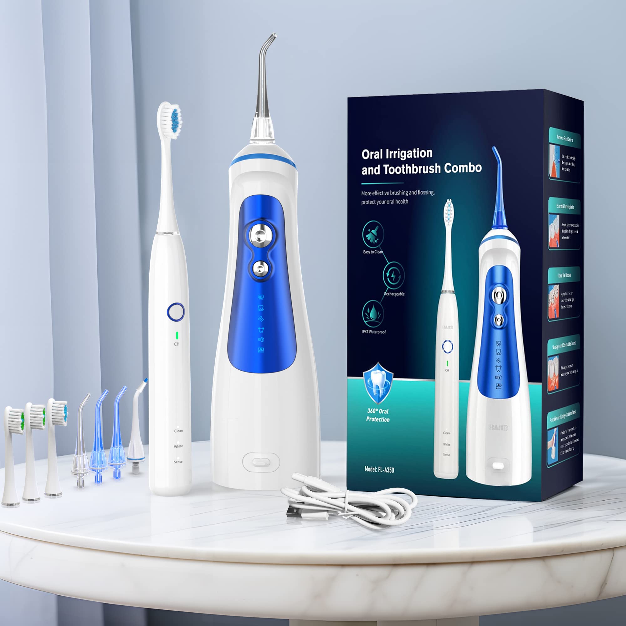 Rechargable Water Dental Flosser with Electric Toothbrush Combo for Teeth Cleaning, Oral Irrigator with 6 Flossing Modes & 5 Jet Tips, Electric Toothbrush with 3 Brushing Modes & 4 Brush Heads