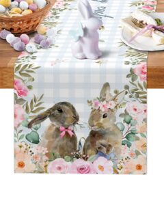 rabbits flowers easter table runner,cotton linen, eucalyptus leaf spring summer holiday farmhouse table decorations for home,kitchen,dining room,indoor,outdoor,13 x 72 inch, grey white buffalo plaid