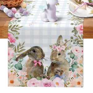 Rabbits Flowers Easter Table Runner,Cotton Linen, Eucalyptus Leaf Spring Summer Holiday Farmhouse Table Decorations for Home,Kitchen,Dining Room,Indoor,Outdoor,13 x 72 Inch, Grey White Buffalo Plaid