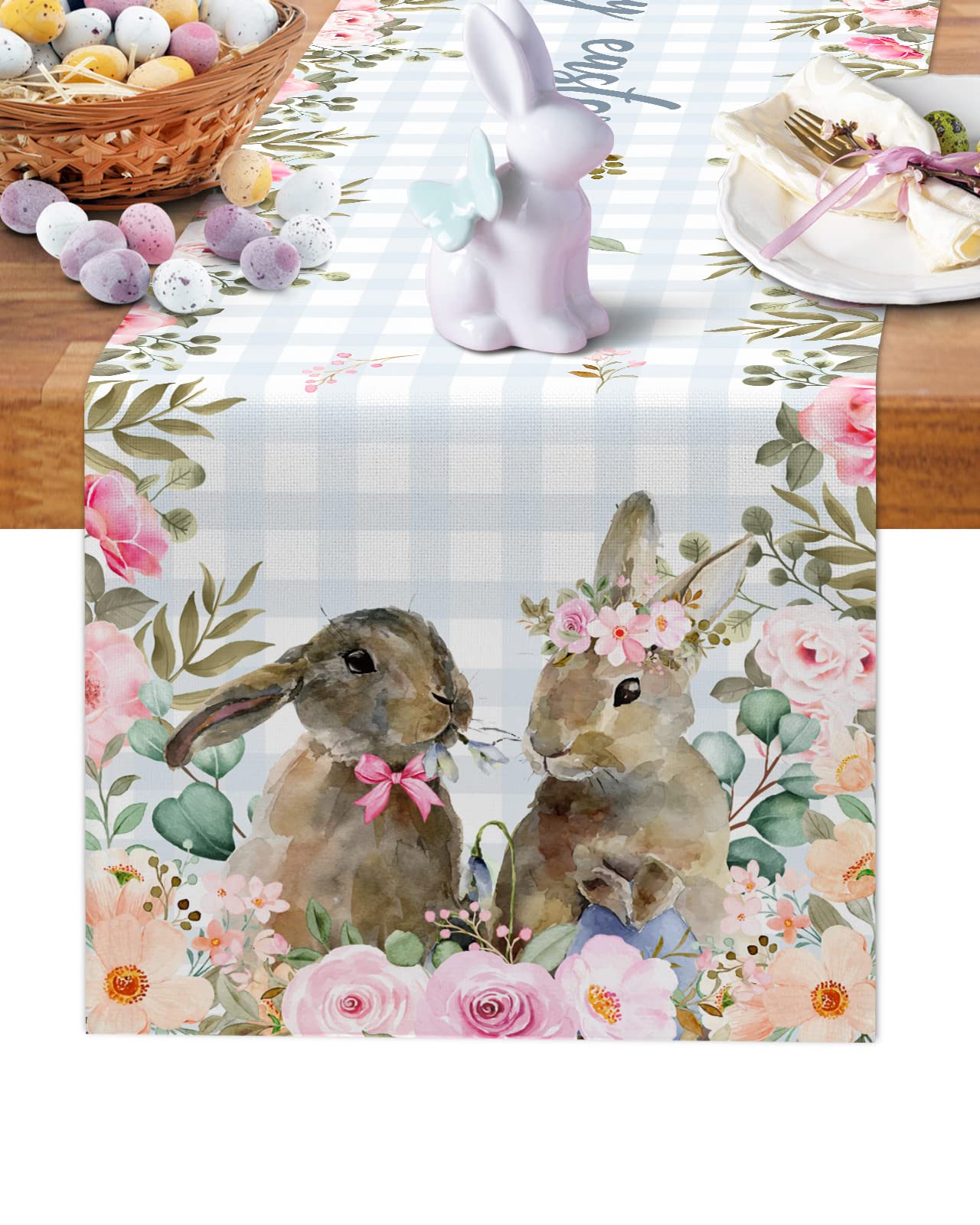 Rabbits Flowers Easter Table Runner,Cotton Linen, Eucalyptus Leaf Spring Summer Holiday Farmhouse Table Decorations for Home,Kitchen,Dining Room,Indoor,Outdoor,13 x 72 Inch, Grey White Buffalo Plaid