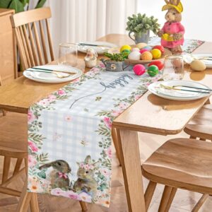 Rabbits Flowers Easter Table Runner,Cotton Linen, Eucalyptus Leaf Spring Summer Holiday Farmhouse Table Decorations for Home,Kitchen,Dining Room,Indoor,Outdoor,13 x 72 Inch, Grey White Buffalo Plaid