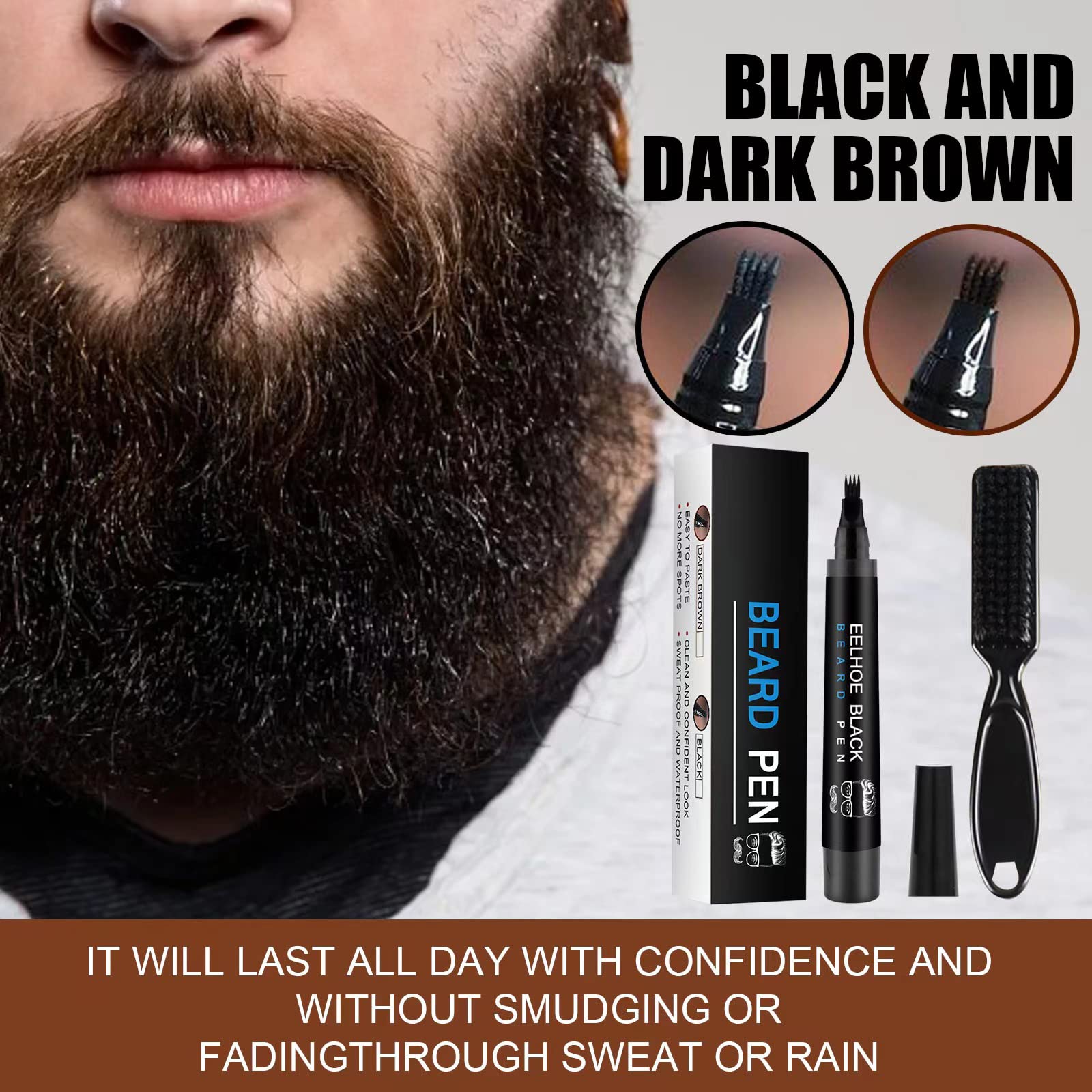 Waterproof Beard Filler Kit for Men - Pencil, Pen, Darkener Marker with Natural Finish for Beard, Moustache & Eyebrows - Bristle Brush Included