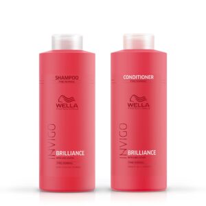 wella professionals invigo brilliance shampoo + conditioner set, for fine normal colored hair, color protecting & color vibrancy, liter sizes