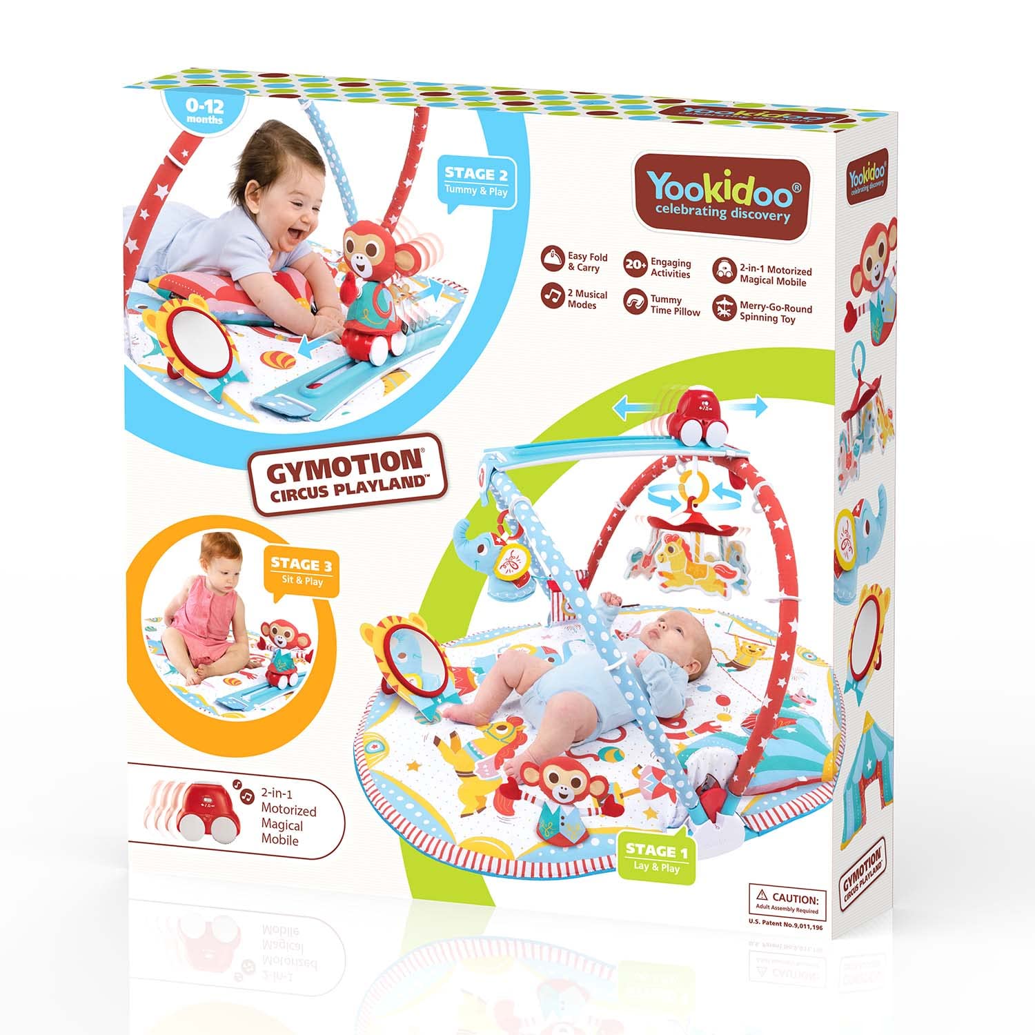 Yookidoo Circus Baby Playmat Gym. with Musical Motorized Mobile, Tummy Time Pillow, Mirror, and Newborn Textured Animal Figures. Infant Activity for 0-12 Month.