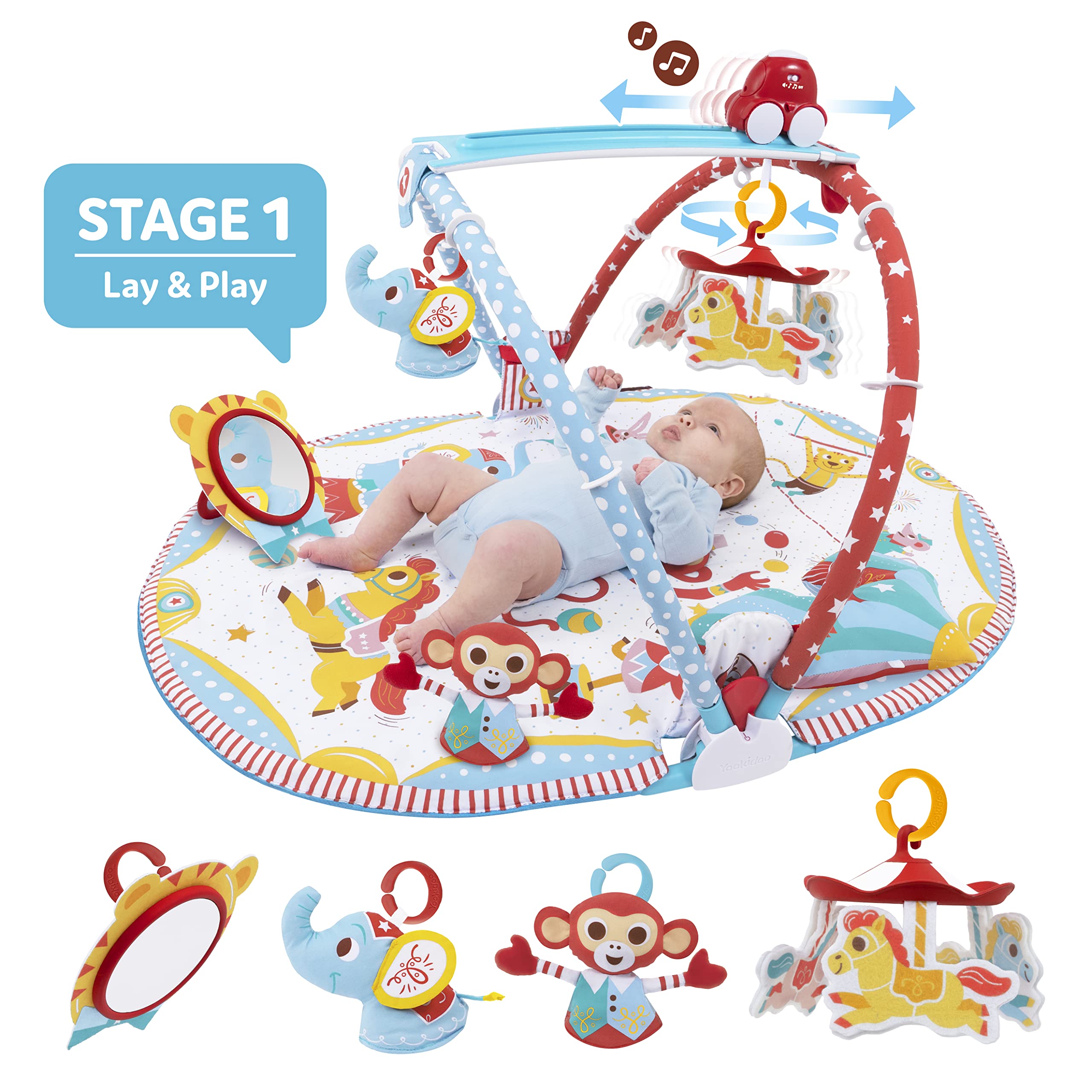 Yookidoo Circus Baby Playmat Gym. with Musical Motorized Mobile, Tummy Time Pillow, Mirror, and Newborn Textured Animal Figures. Infant Activity for 0-12 Month.