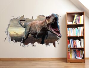 3d dino attack wall stickers - dinosaur wall decal - peel and stick dinosaur smashed wall decor - dinosaur decor boys room - dino stickers for gameroom - (30"w x 18"h (76cm x 46cm)