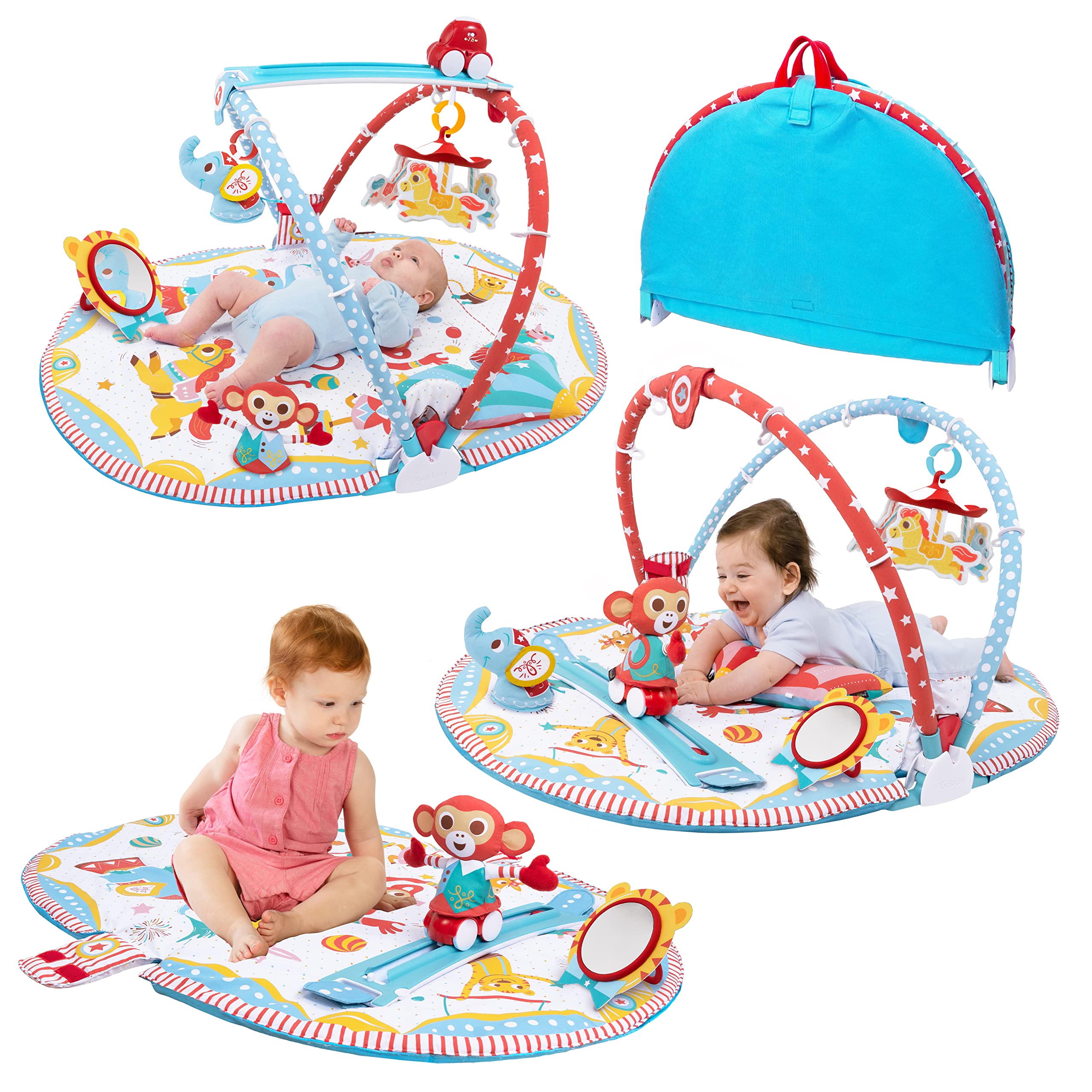 Yookidoo Circus Baby Playmat Gym. with Musical Motorized Mobile, Tummy Time Pillow, Mirror, and Newborn Textured Animal Figures. Infant Activity for 0-12 Month.