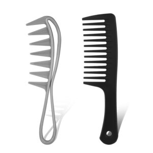 2pcs wide tooth comb for curly hair, large shark teeth comb detangler for brushing out curls plastic hairstyle tool for wet wavy thick hair wigs barber salon, women men (1 black, 1 silver)