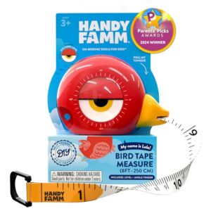 handy famm 8ft animal-shaped kids tape measure, level & protractor angle finder, fun educational children's tape measure, small measuring tape for learning early math skills, ages 6+, red bird