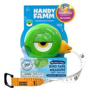 handy famm 8ft animal-shaped kids tape measure, level & protractor angle finder, fun educational children's tape measure, small measuring tape for learning early math skills, ages 6+, green bird