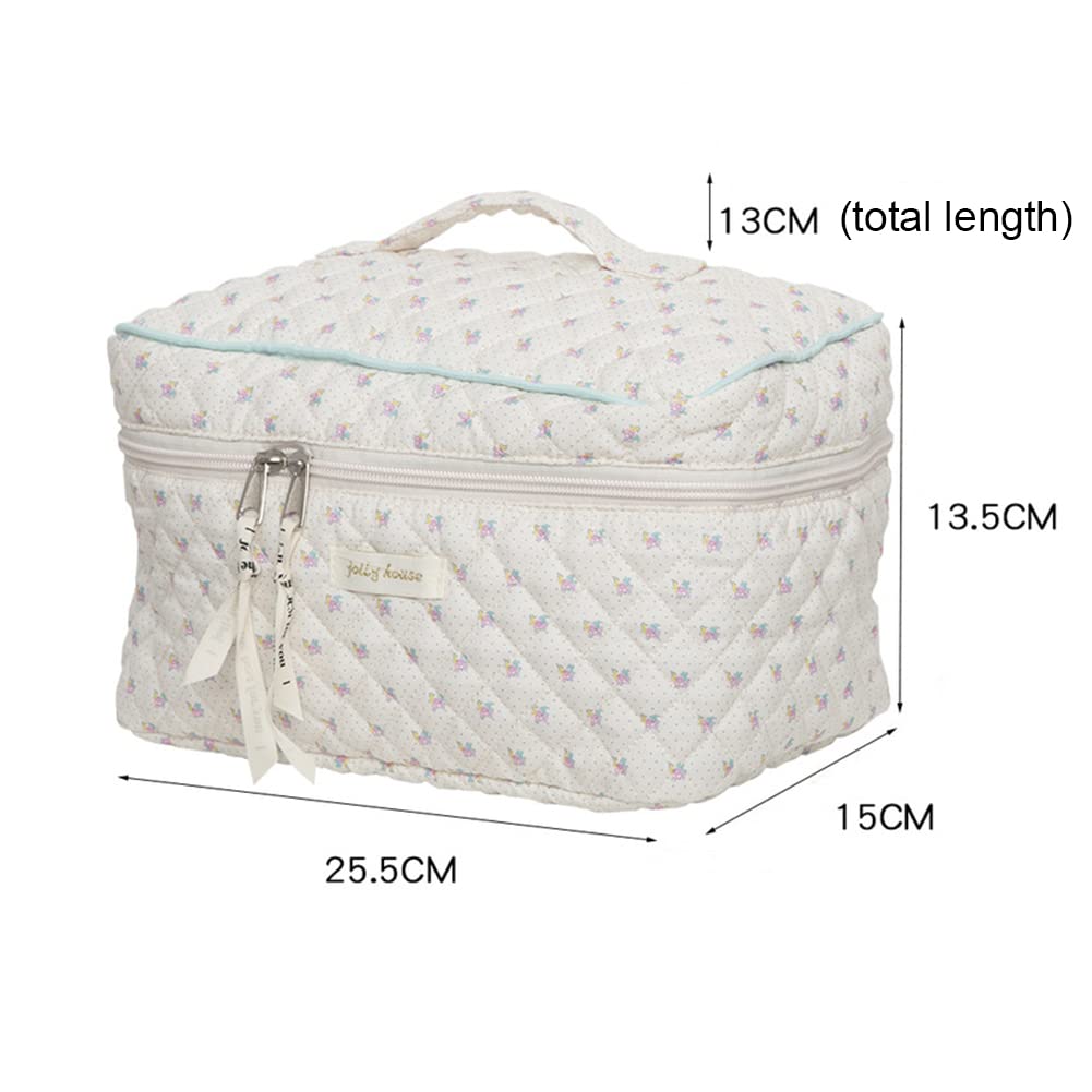 Lushandy Kawaii Floral Makeup Bag Coquette Aesthetic Cosmetic Bag Large Travel Makeup Organizer Cute Pouch Cotton Quilted Toiletry Bag