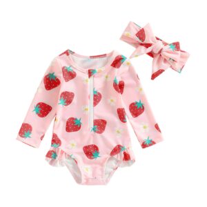 mersariphy toddler baby girl one-piece swimsuit zipper long sleeve swimsuit girls bathing suit rash guard beachwear (strawberry flower, 9-12 months)