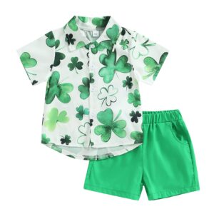 youweixiong toddler baby boy st. patrick's day outfits clover short sleeve button down shirt top solid shorts set summer clothes 2pcs (white, 4-5 years)