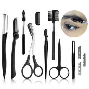 eyebrow kit for women and men. eyebrow grooming kit including: eyebrow brush, eyebrow razor, eyebrow comb, eyebrow scissors with comb, folding eyebrow knife, scissors, eyebrow trimmer, tweezers.