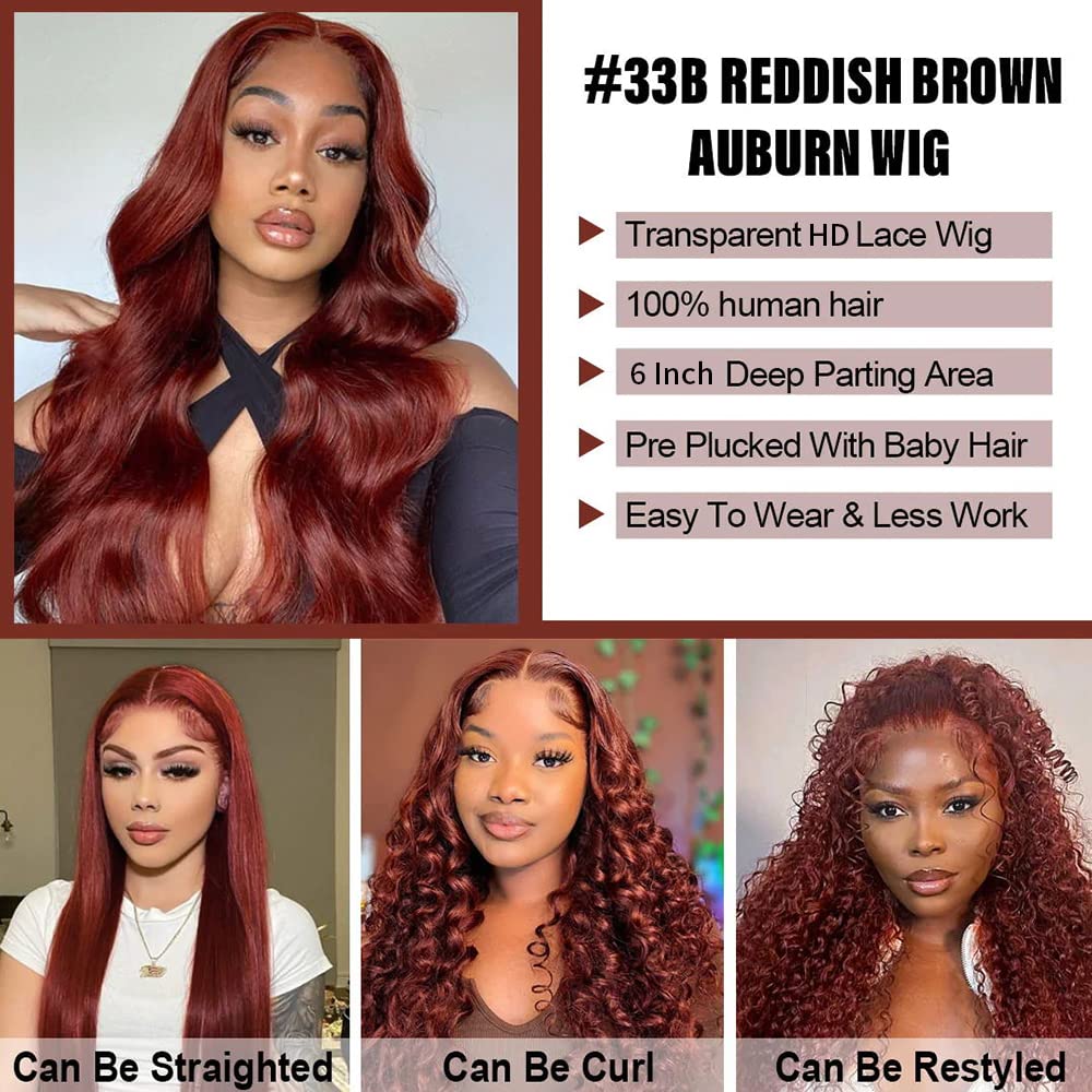 Reddish Brown Lace Front Wigs Human Hair Auburn Colored 13x6 HD Body Wave Frontal Wigs for Black Women 180 Density Copper Red Glueless Body Wave Lace Front Wig Human Hair Pre Plucked Baby Hair 24 Inch