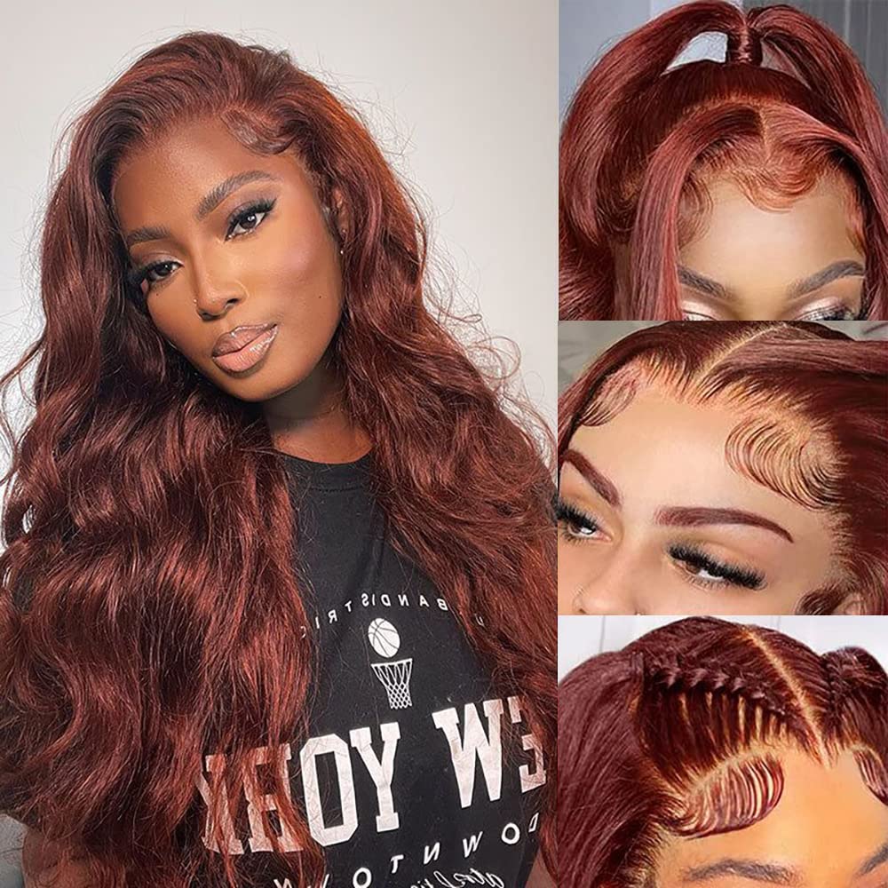 Reddish Brown Lace Front Wigs Human Hair Auburn Colored 13x6 HD Body Wave Frontal Wigs for Black Women 180 Density Copper Red Glueless Body Wave Lace Front Wig Human Hair Pre Plucked Baby Hair 24 Inch