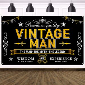 vintage man birthday banner decorations for men, black gold vintage themed happy birthday backdrop sign party supplies, 30th 40th 50th 60th 70th 80th bday party photo booth background poster