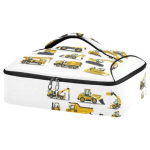 yellow construction excavators, tractors, bulldozers, trucks reusable insulated pizza bag, waterproof food delivery bag, with handle lid leakproof pizza holder tote for hot or cold food