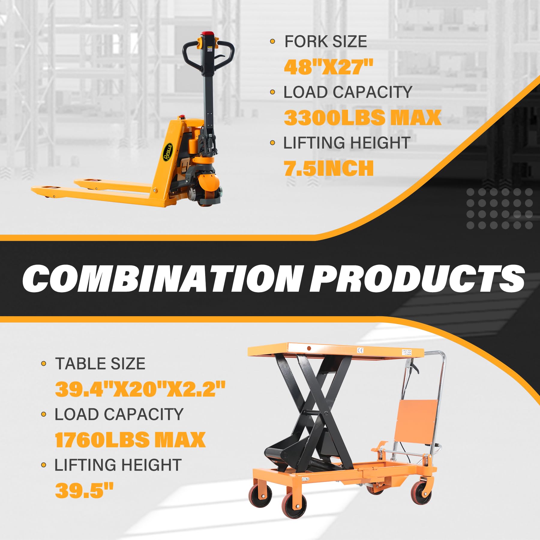 APOLLOLIFT Electric Power Lithium Battery Pallet Jack Truck 3300lb Capacity 48" x27" and Single Scissor Hydraulic Lift Table/Cart 1760lbs Capacity 39.4" Lifting Height