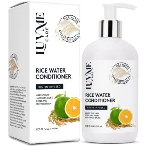 luv me care rice water hair growth conditioner 10 fl oz with biotin, improve strength, volume, and shine, deep conditioning for dry, frizzy, or curly strands